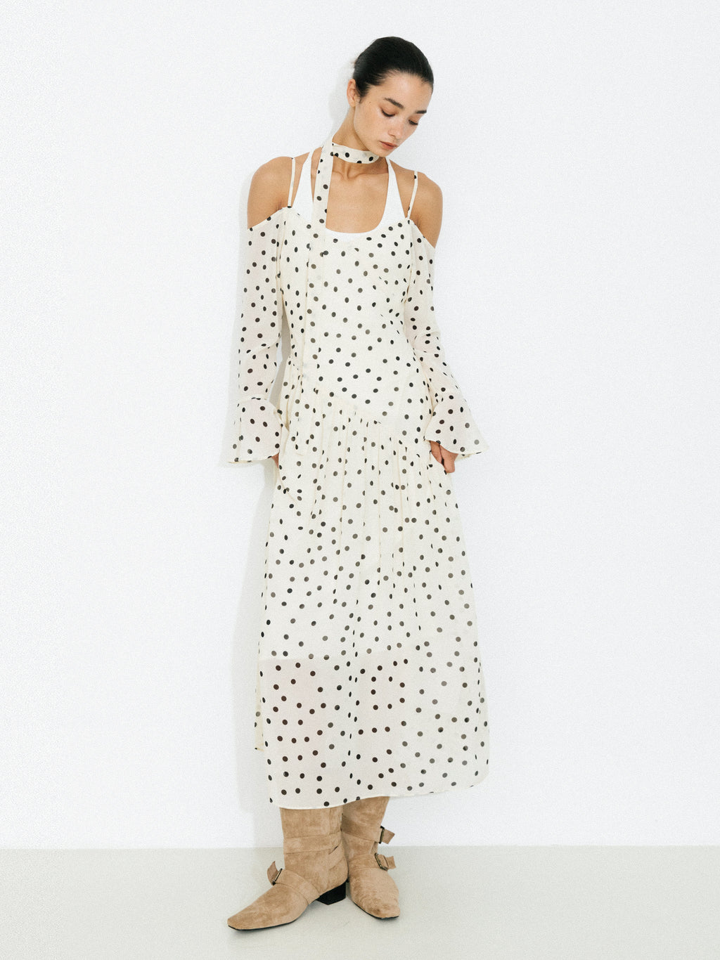 Polka Dot Off-Shoulder Cami Sleeve Maxi Dress – CUBIC